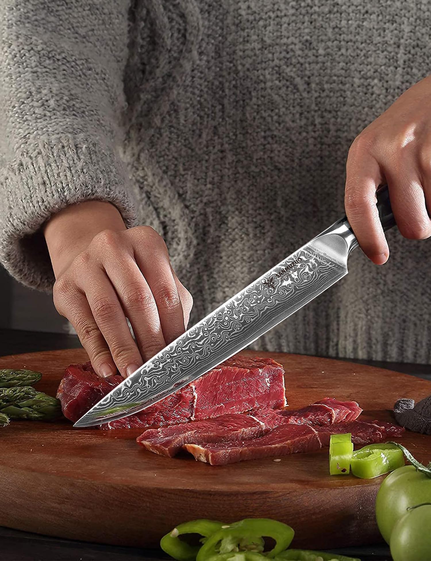 SANMUZUO Carving Knife - 9 inch Slicing Knife- Xuan Series - VG10 Damascus Steel Kitchen Meat Cutting Knife - Resin Handle (Starry Black)
