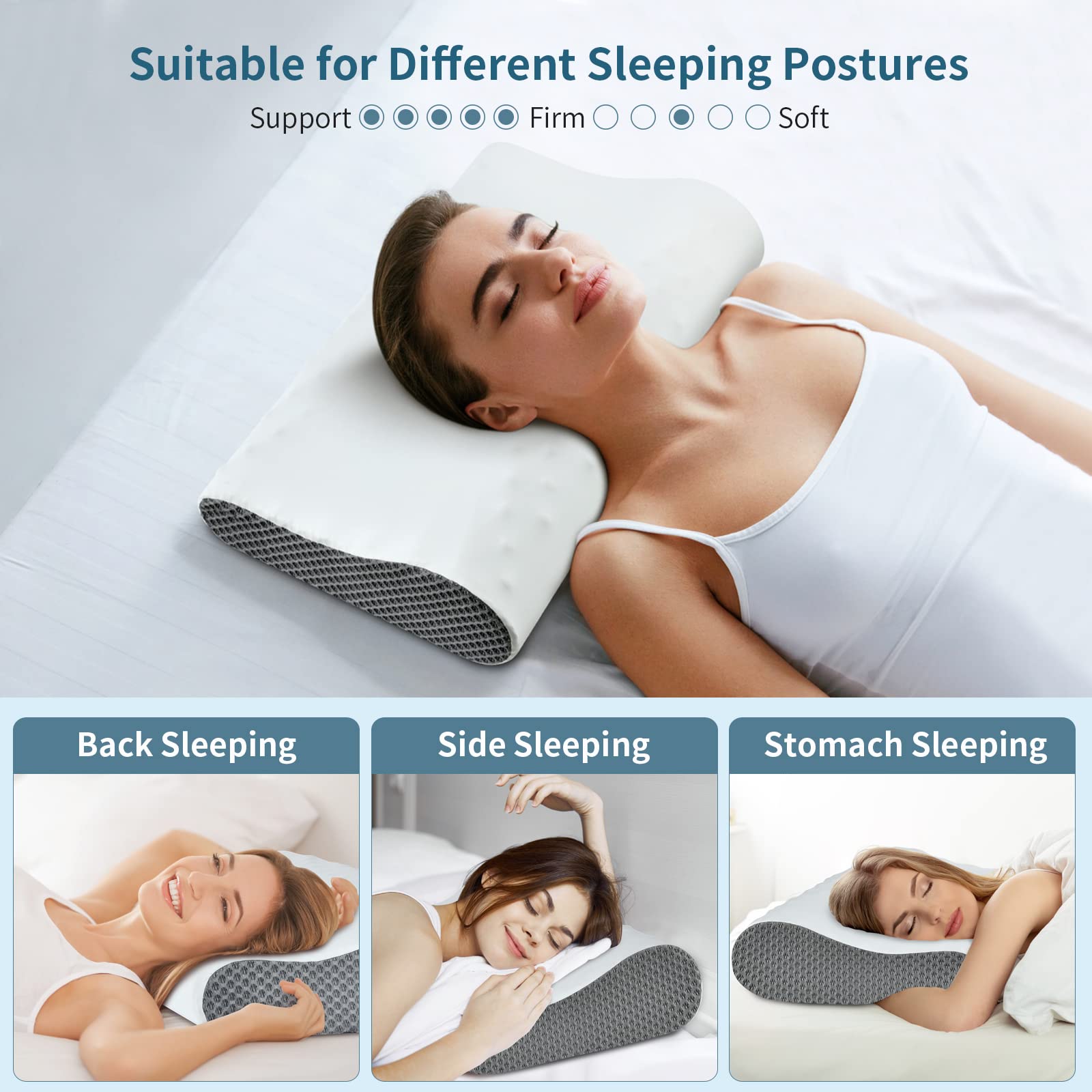 HAMYODO Memory Foam Contour Neck Pillow for Neck and Shoulder Pain Relief - Ergonomic Cervical Pillow with Cooling Pillowcase - Washable Cover - 2 Heights for Side, Back and Stomach Sleepers