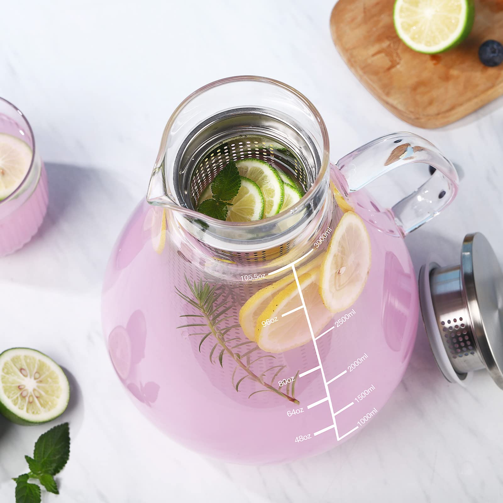 Glass Pitcher - 105.6oz Fruit Infuser Water Pitcher with Removable Lid and Precise Scale Line , 18/8 Stainless Steel Iced Tea Pitcher, Easy Clean Heat Resistant Infusion Pitcher for Cold Hot Beverages