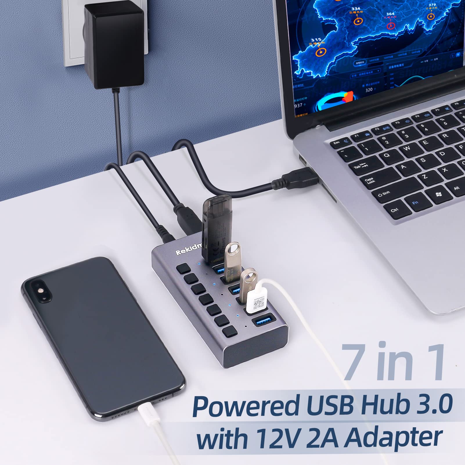 Powered USB HUB 3.0, Rekidm 7 Port USB 3.0 HUB Powered with AC Adapter 12V 2A, Aluminum Metal Design Durable Use for Stable Data Transfer, Individual On/Off Switches USB Extender for Desktop and PC