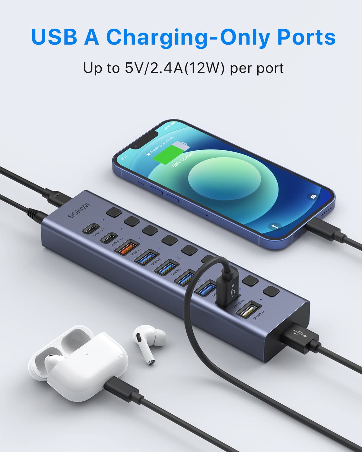 Powered USB Hub 3.0/3.1- Sokiwi USB Hub- Aluminum USB Port Hub Expender- USB C Hub Splitter with Individual On/Off Switches for Laptop/PC
