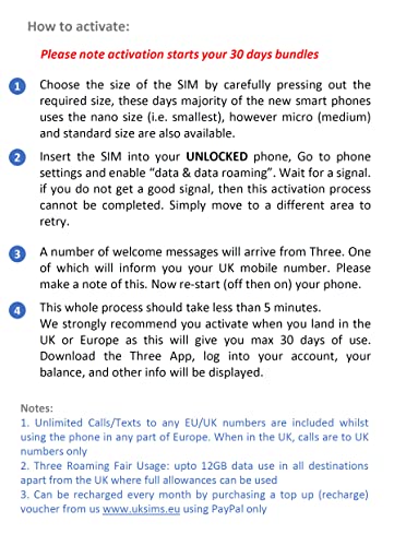 Three UK New PrePaid Europe UK Three SIM Card 25GB Data Un Minutes/Texts for 30 Days with Free Roaming/USE in 71 Destinations Including Europe, South America and