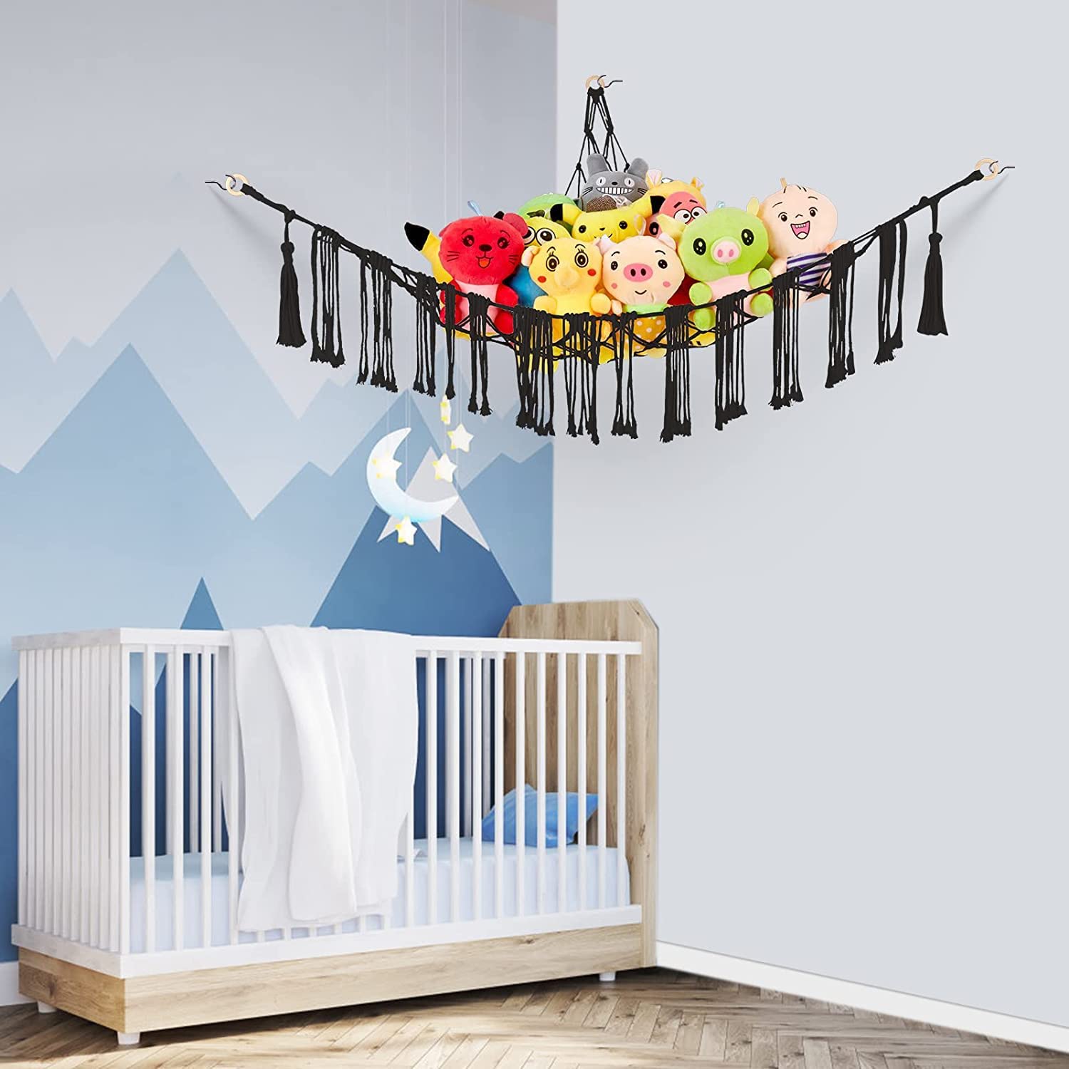 HZIYOU Hanging Corner Net for Stuffed Animals Storage, Stuffed Animal Hammock Holder with Hooks for Hanging, Toy Organizer for Bedroom Nursery Crib Kindergarten (Black)