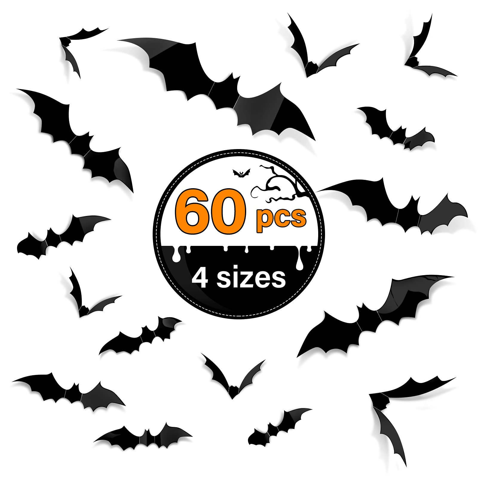 Kidtion 3D Bats Halloween Decorations 60 PCS, Upgraded Halloween Decor with 4 Different Sizes, Removable PVC Bats Decor with Easy Operation, Realistic Halloween Bats for Outdoor Decor & Indoor Décor