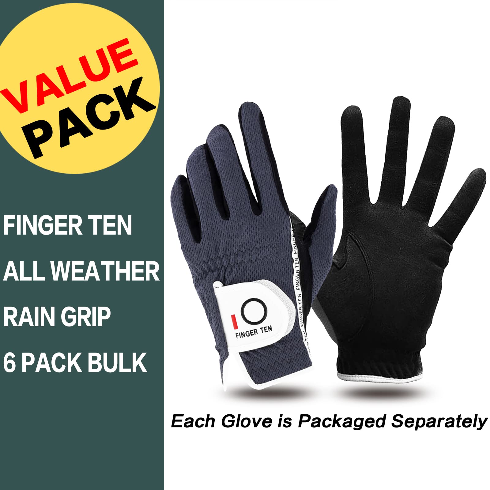 FINGER TEN Golf Gloves Men Right Left Handed Golfer Mens Glove RainGrip Hot Wet Weather Value 6 Pack, All Weather in Grey Medium/Large (Grey, Medium/Large, Left)