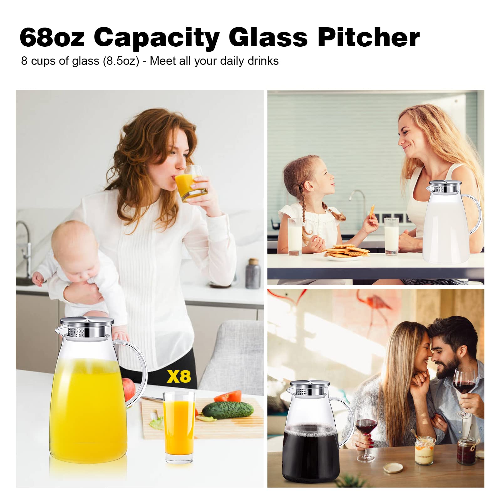 Glass Pitcher with Lid 68oz Water Jug Pitcher Stainless Steel Iced Tea Carafe Pitcher Drip-Free Heat Resistant Borosilicate Glass for Juice Milk Coffee Wine Cold & Hot Beverage with Beverage Stirrer