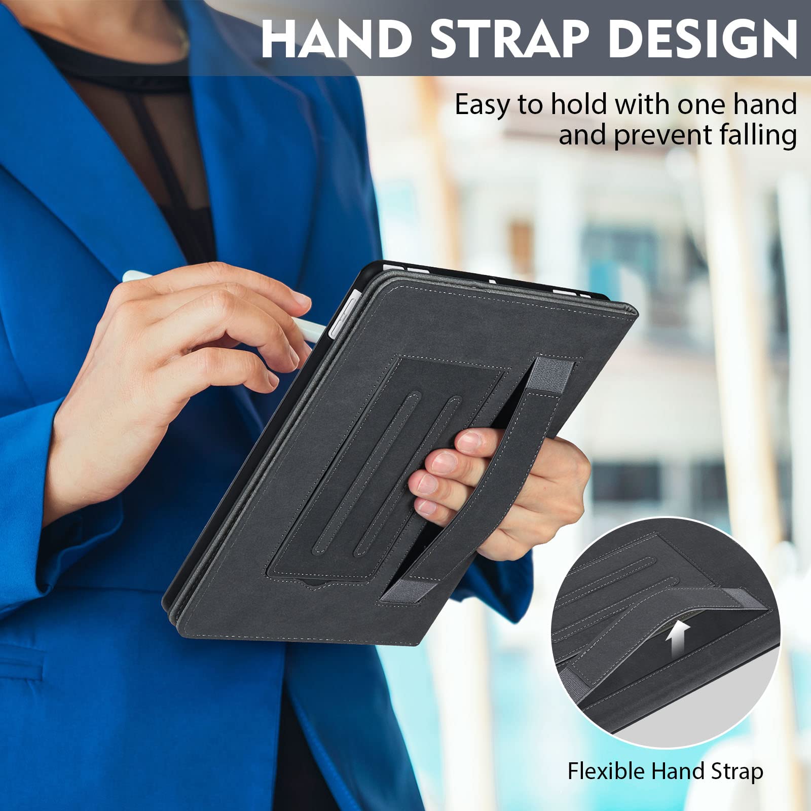 KUAELEN Case for iPad 10.2 Inch 9th/8th/7th Generation (2021/2020/ 2019) with Pencil Holder, Suede Fabric Cover with Card Slots, Hand Strap and Foldable Stand, Grey