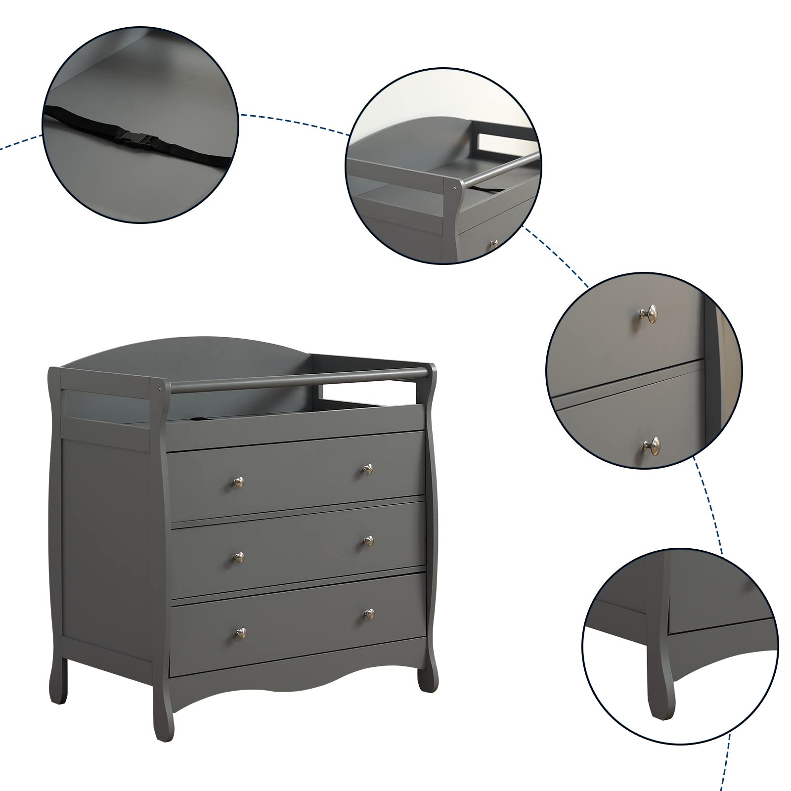 Guangshuohui 3-Drawer Changing Table, Wooden Bed Nursing Table Infant Diaper Changing Station with Drawers, Safety Rails & Strap, Baby Changing Table Dresser for Nursery, Easy Assembly (Grey)