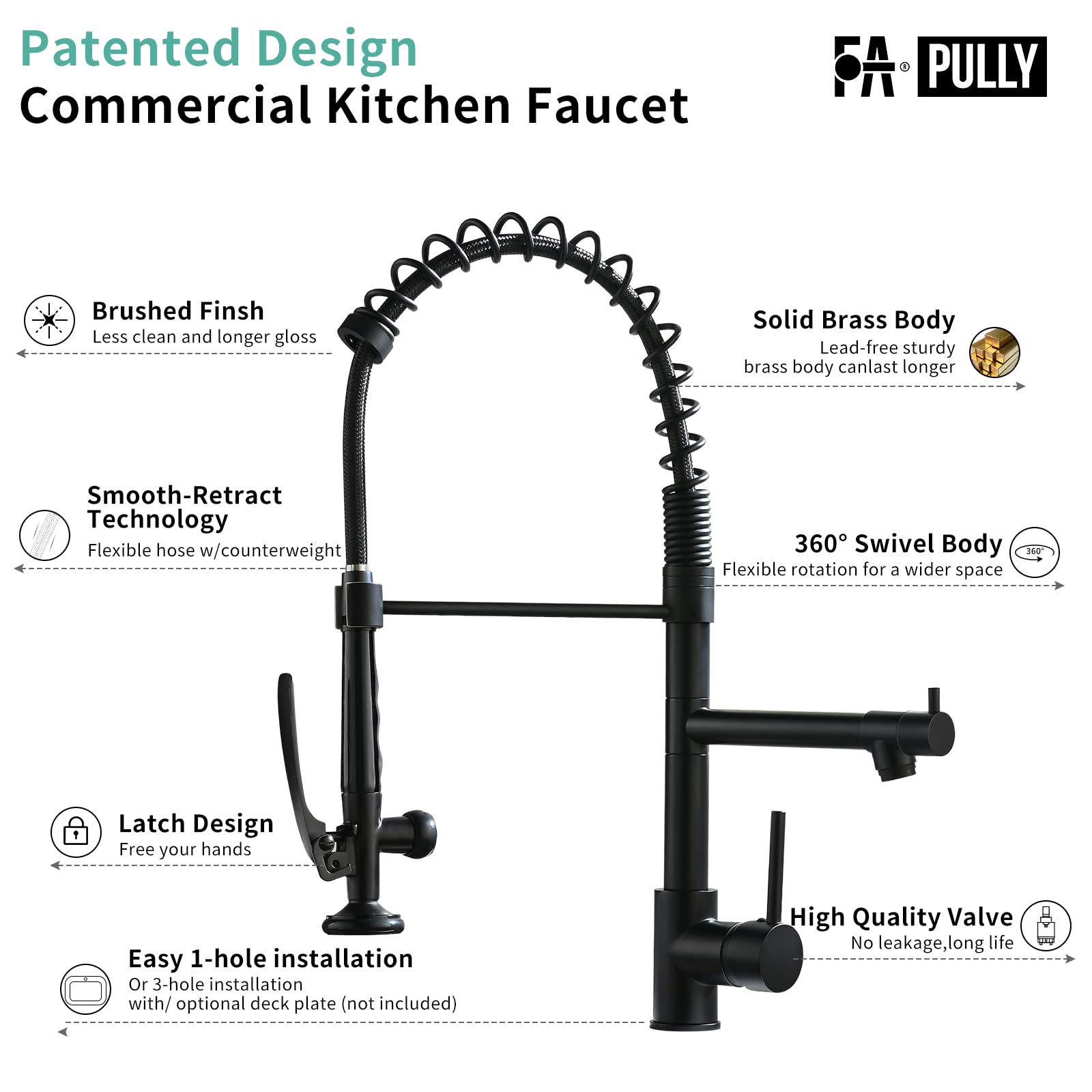 Fapully Black Kitchen Faucet,Commercial Pull Down Kitchen Sink Faucet with Sprayer