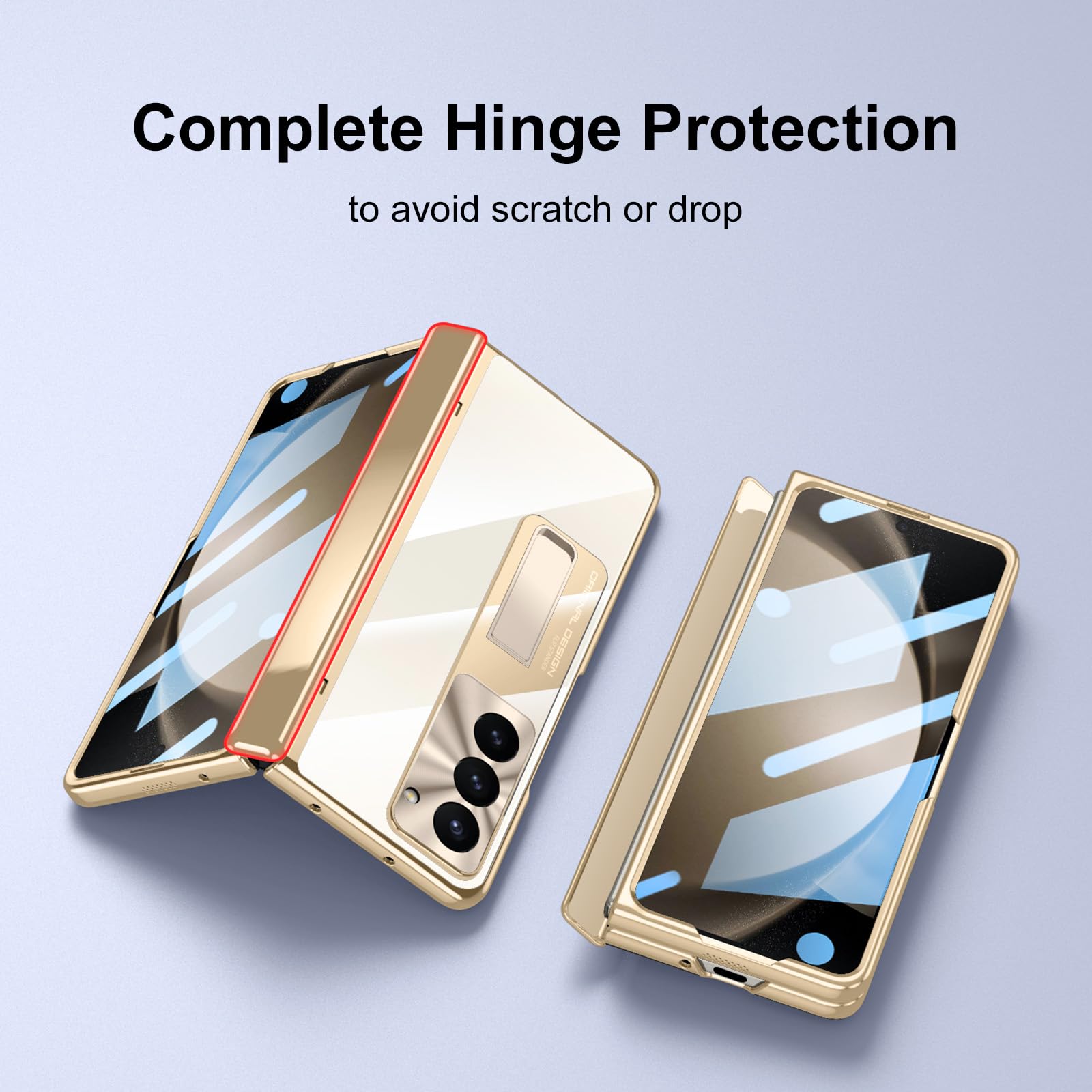 Libeagle Compatible with Samsung Galaxy Z Fold 5 Case, Non-Yellow Clear Back, Electroplated Frame, Full Hinge Protection, Screen Protector, Magnetic Stand, Thin and Slim Phone Cover 5G 2023, Gold
