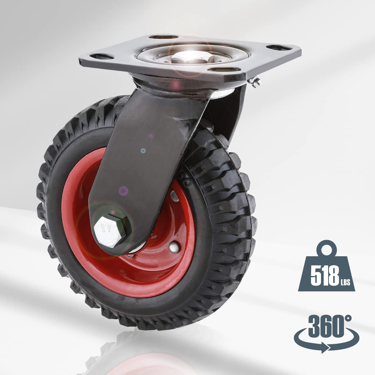 POWERTEC 8 Inch Caster Wheels Set of 4, Heavy Duty Swivel Plate Casters with Rubber Knobby Tread for Workbench, Dolly, Cart, Trolley, Wagon and Chicken Coop, Large Rubber Castor Wheels (17051-P4)