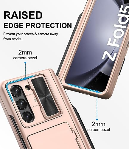 SIXBOX for Galaxy Z Fold 5 Case with Card Holder & Screen Protector & S Pen Holder & Slide Camera Cover & Hinge Protection, Shockproof Wallet Phone Case for Samsung Z Fold 5 2023, Rose Gold