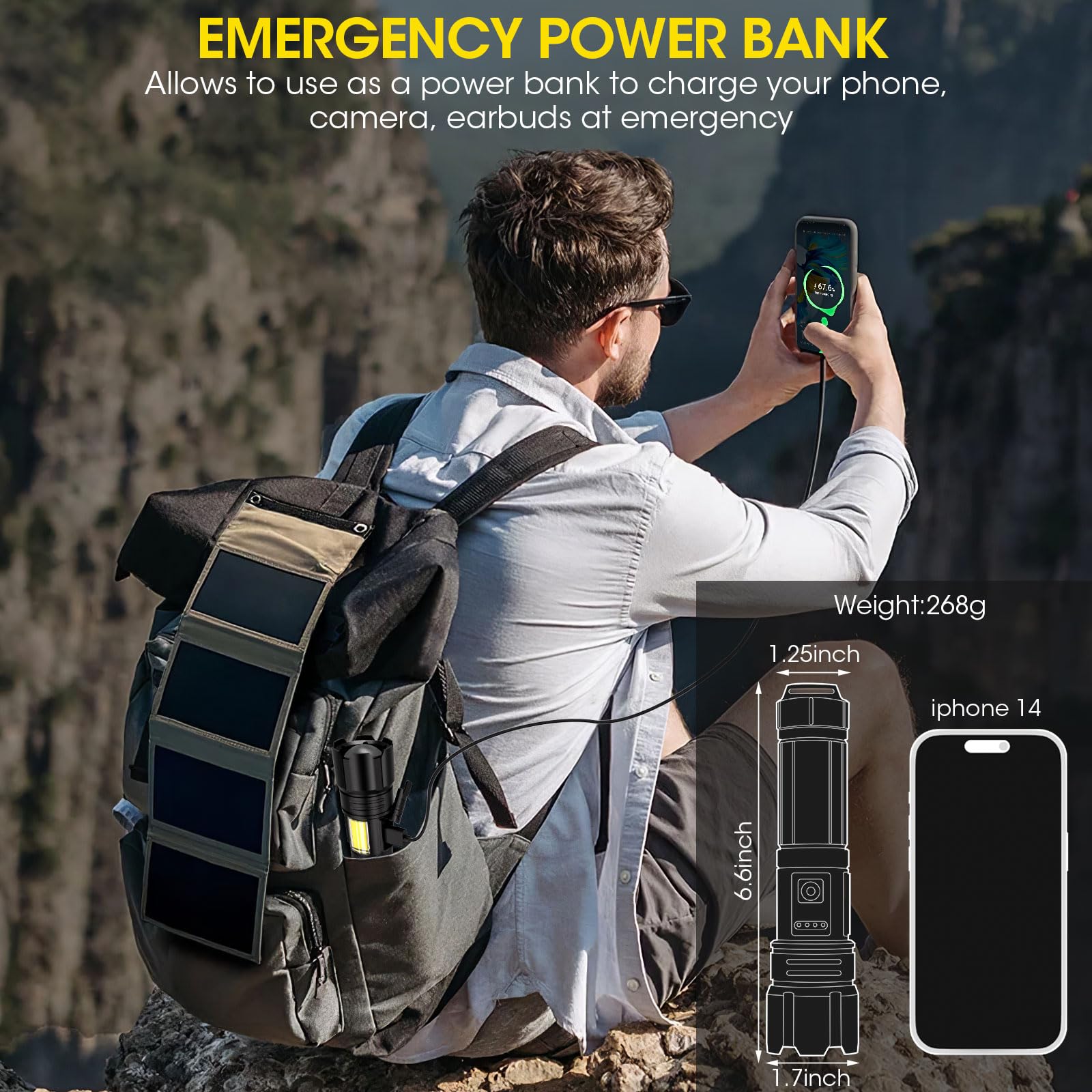 Flashlight High Lumens, Rechargeable Super Bright 30000 Lumen LED Tactical Flashlights 1800M Long Throw Spotlight with Cob Side Light,Zoomable, Waterproof Flashlight for Home Emergency Camping Search
