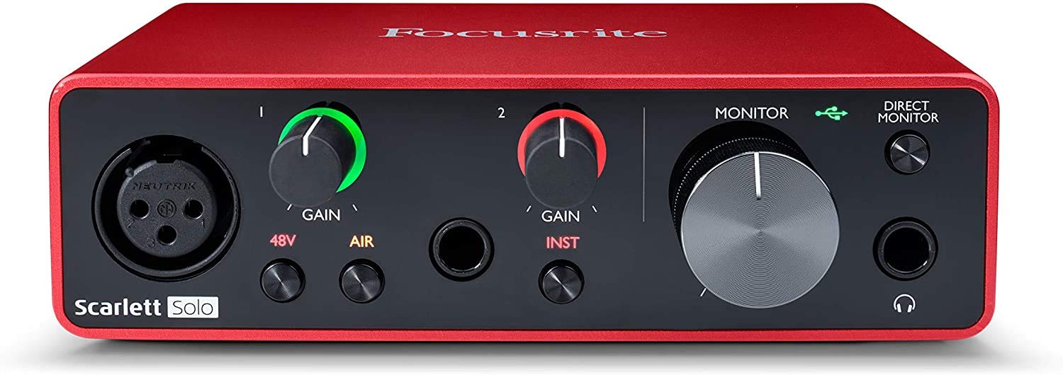 Focusrite Scarlett Solo 2x2 USB Audio Interface Full Studio Bundle with Creative Music Production Software Kit and Eris 4.5 Pair Studio Monitors and 1/4β Instrument Cables