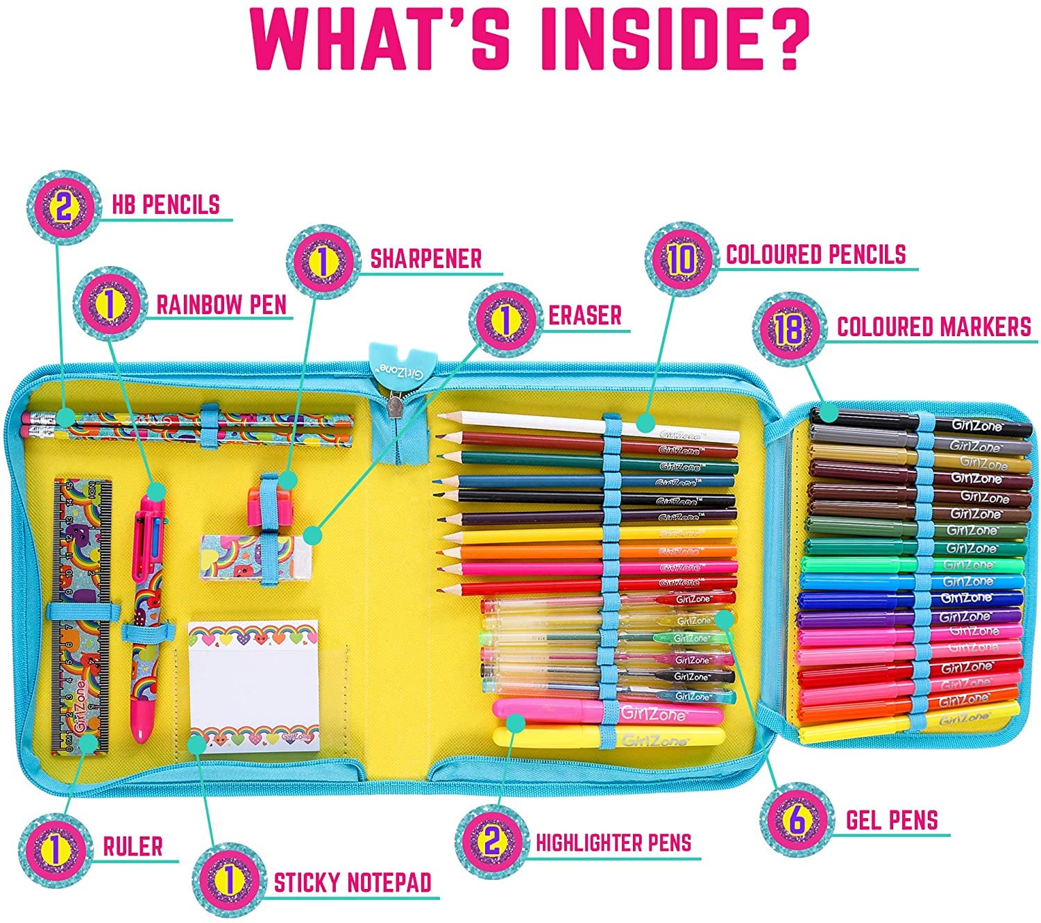 GirlZone Jumbo Rainbow Arts & Crafts Filled Stationery Pencil Case for Girls, 43 Pieces