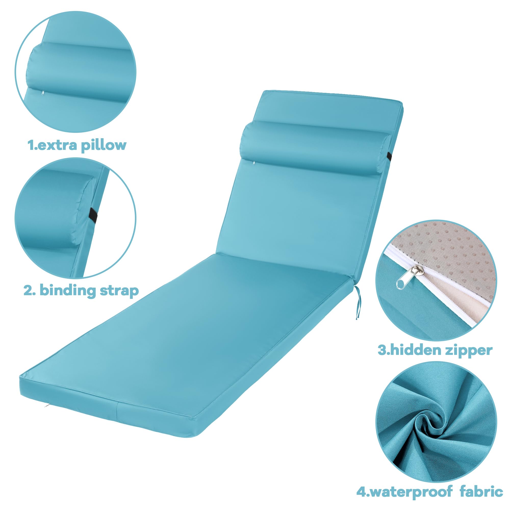 MABOZOO Outdoor Chaise Lounge Cushion with Adjustable Head Pillow,Waterproof & UV-Proof High Back Patio Chair Cushions,Patio Bench Cushion for Indoor Outdoor(Blue)