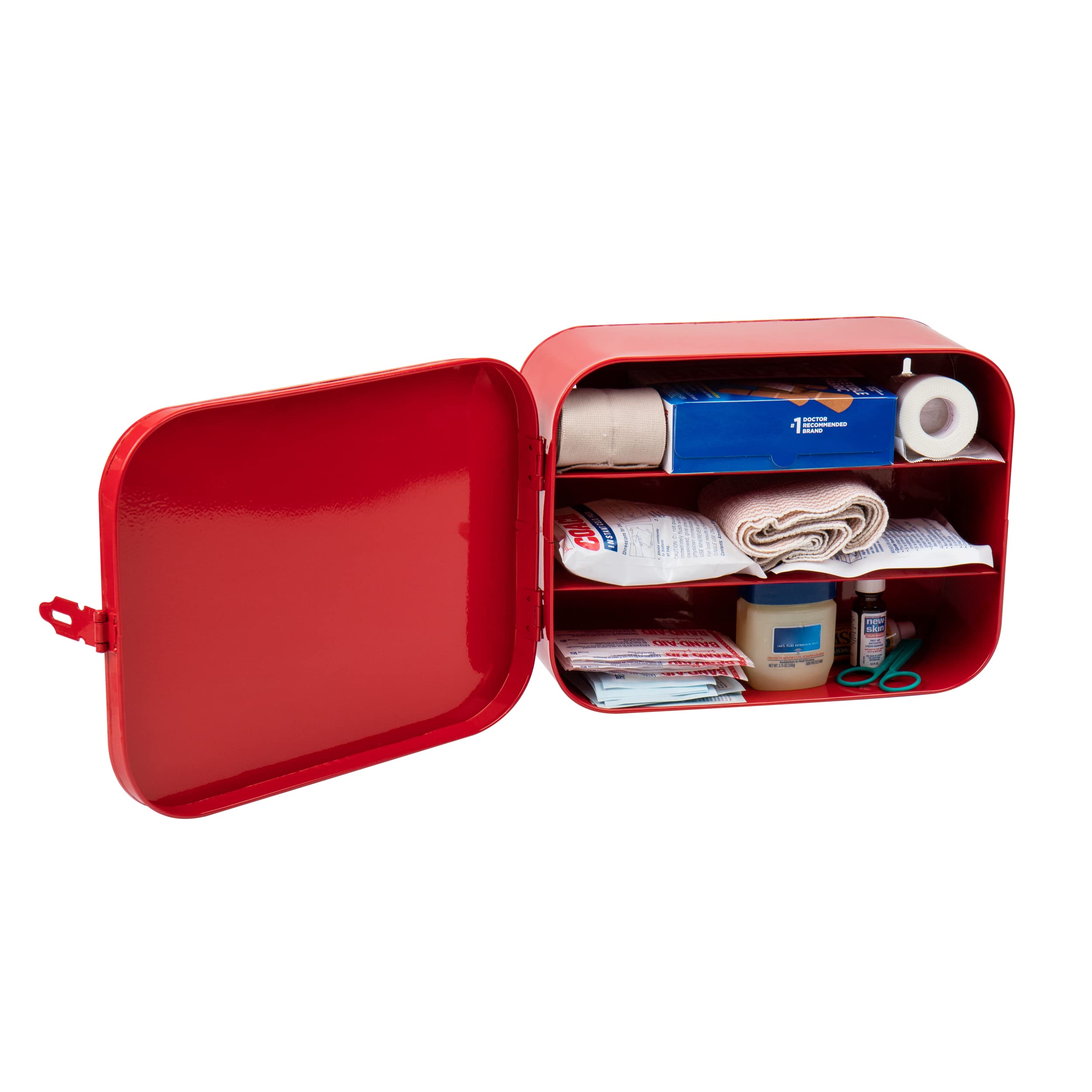 Mind Reader First Aid Box, Emergency Kit, Medical Supply Organizer, Wall Mountable, Metal, 12.25" L x 9.25" W x 4.25" H, Red