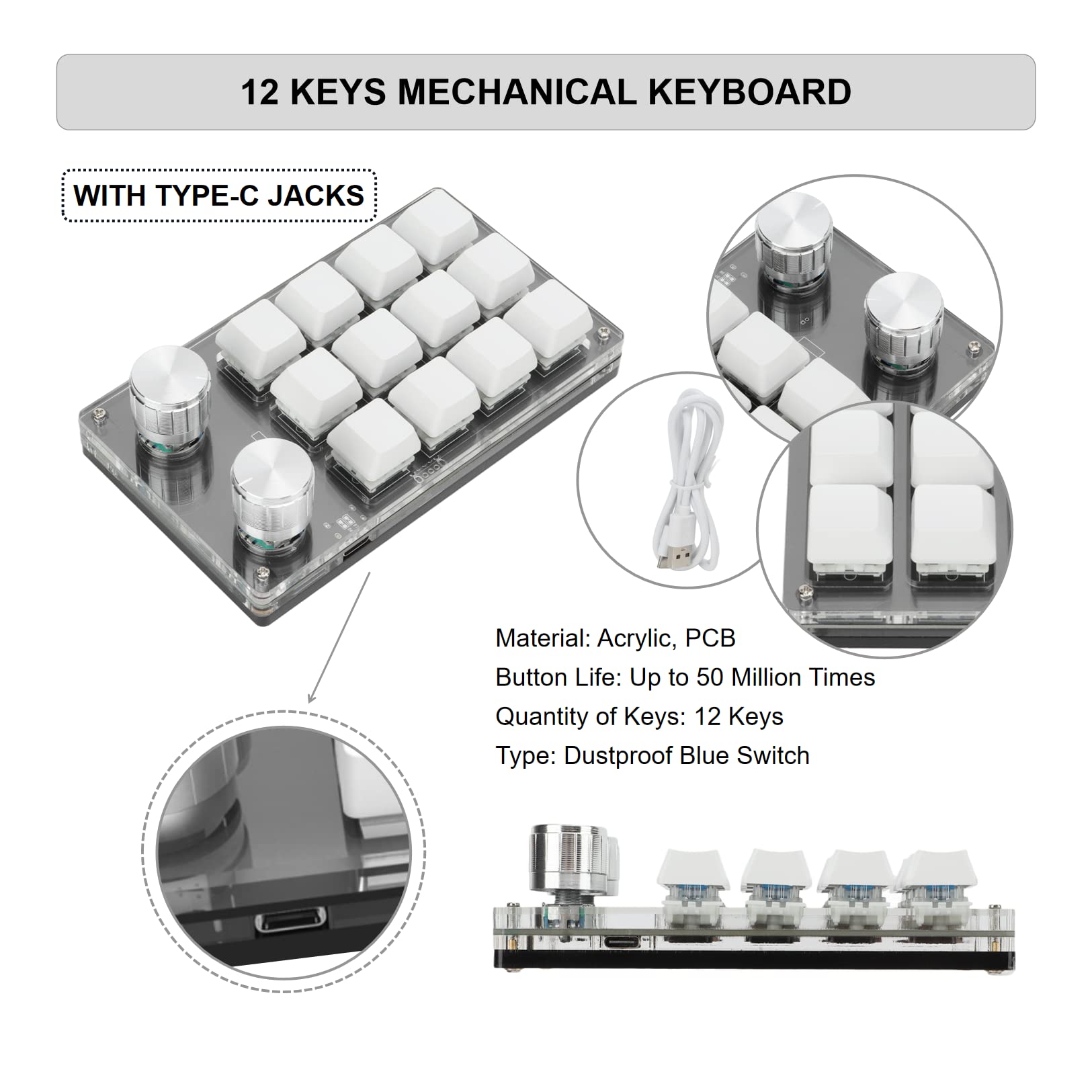 KUIDAMOS 12 Key Mini Mechanical Gaming Keyboard,Macro Keyboard Knob with Type C to USB Interface Mini One-Handed Mechanical Gaming Keypad One-Click Start for Linux OS X(White)
