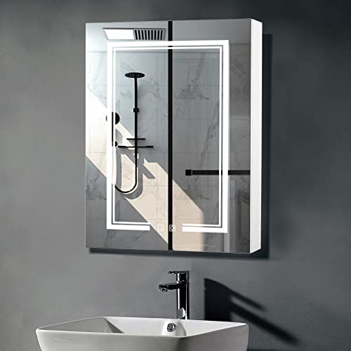 Lighted Medicine Cabinet with Mirror, LED Bathroom Wall Cabinet with Anti-Fog Mirror, OSB Board, 1 Door, 3-Color Lighting, Adjustable Brightness, Power-Off Memory, 2 Plugs, 2 USB Ports, White