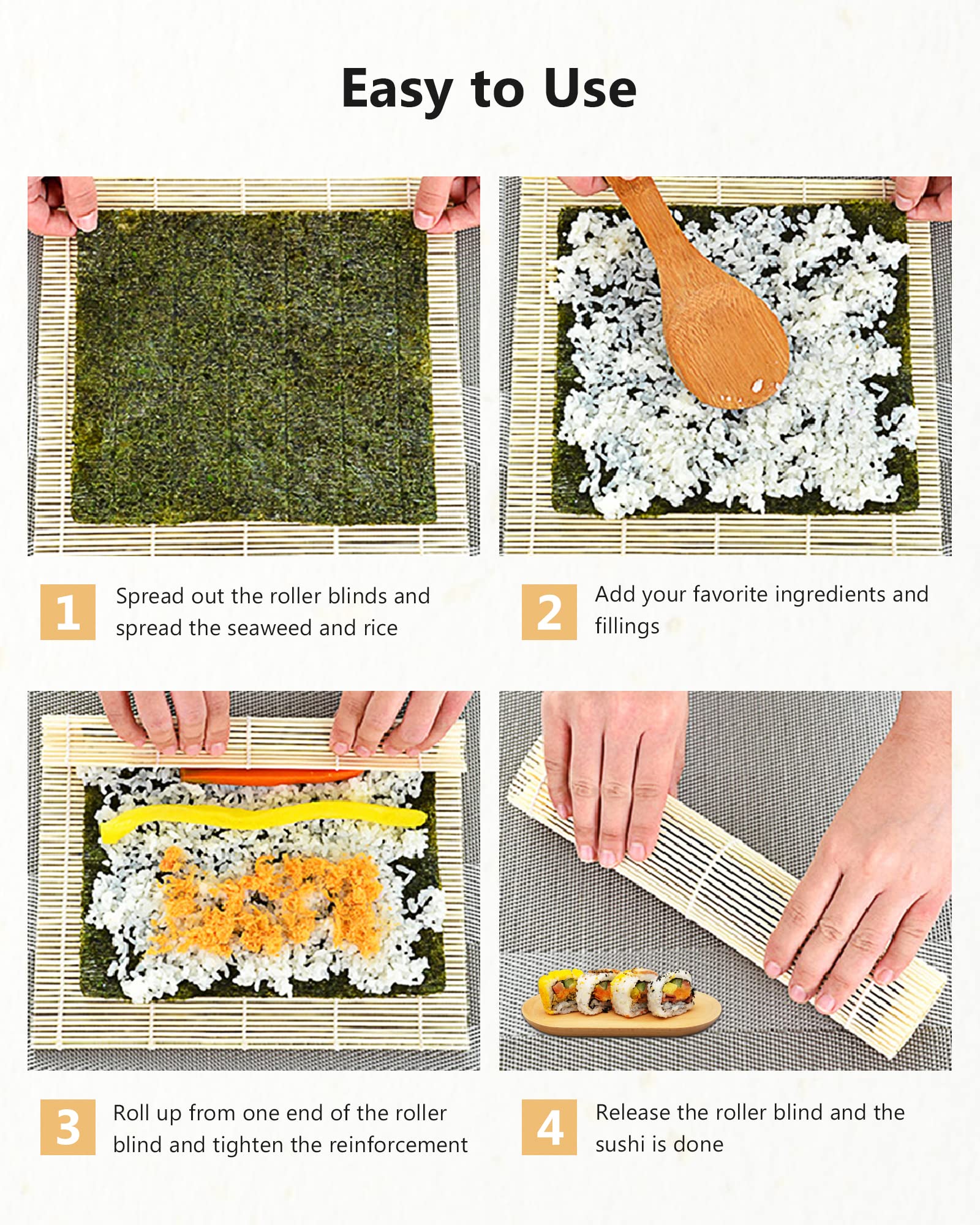 JIALEEY Bamboo Sushi Rolling Mat, 9.5x9.5 Inch, 4 PCS Set