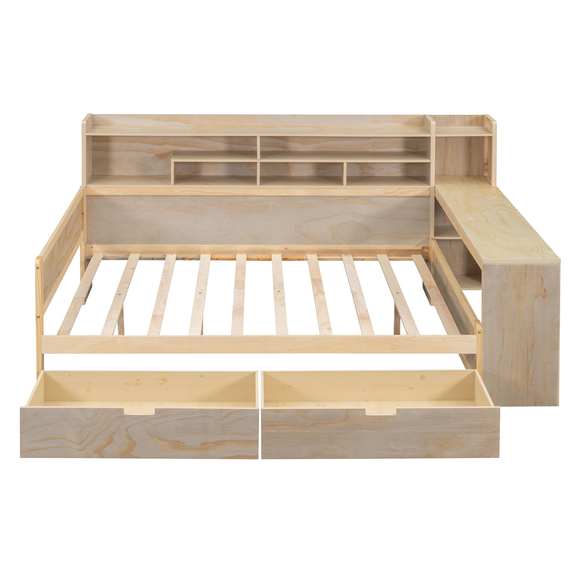 SOFTSEA Full Size Daybed with Bookcase & Drawers, Wood Daybed with Study Desk and Storage Shelves for Kids Teens Boys Girls, Full Storage Bed Frame with Bookcase Headboard, Natural