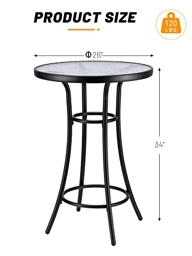 Kingdely Outdoor Bar Height Bistro Table, Round Tempered Glass Patio Table, Steel Frame Patio Furniture for Backyard, Lawn, Balcony, Pool, Black