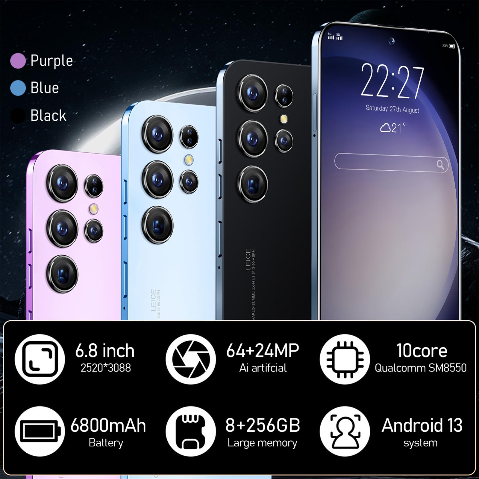ExAchat 5G Unlocked Cell Phones,Smart Phone with 6.8" HD Screen,8GB+256GB,6800mAh,64MP+24MP Camera,Android Phones with Powerful Qualcomm Chips,Support SIM/Face ID/GPS/Fingerprint Unlock（Blue）