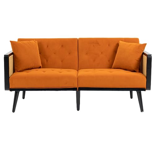 Lin-Utrend Velvet Loveseat Sofa with Rattan Armrest,61" Convertible Futon Sofa Bed,Sleeper Sofa Couch Loveseat for Small Space,Living Room,Apartment