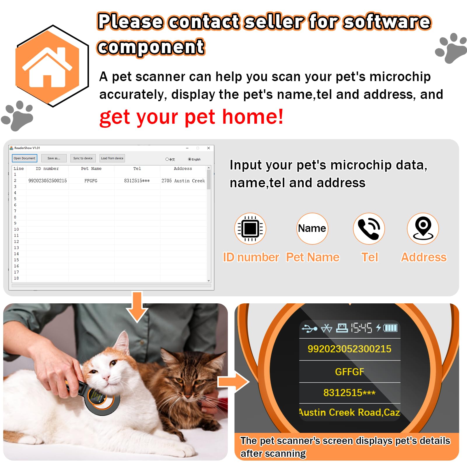 Symcode Pet Microchip Scanner RFID EMID Micro Chip Reader Scanner with 1.44IN TFT Display 134.2kHz 125kHz 15 Digits Pet Chip ID Scanner with Delete History Data Function