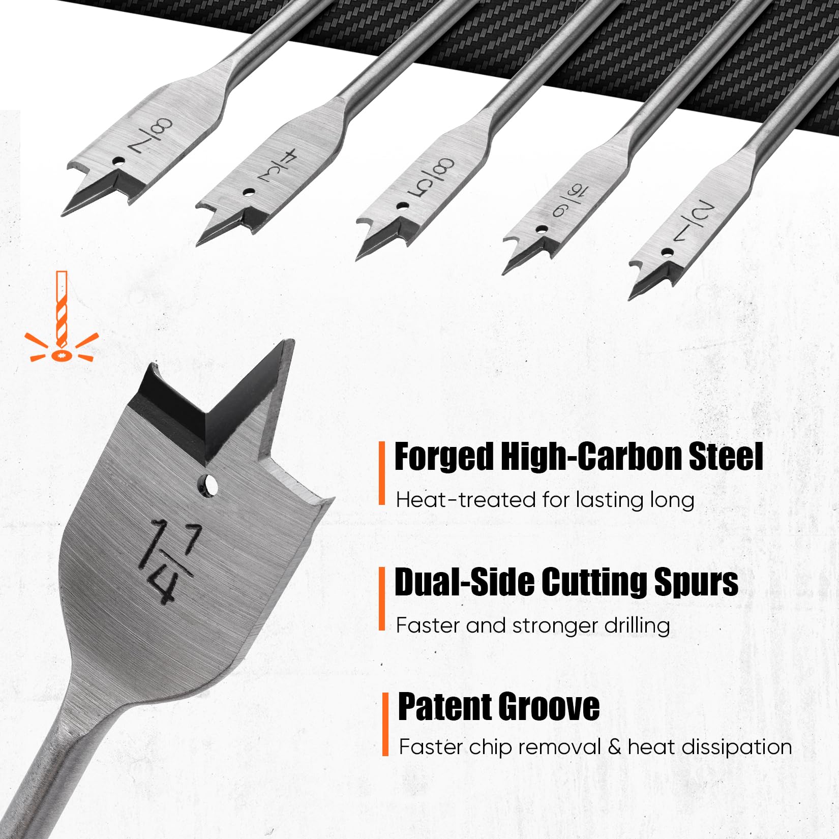 PINOZE 14-Piece Spade Drill Bit Sets with 6β Extension, Paddle Flat Bit for Hole Cutter Woodworking, 1/4" to 1-1/2", Quick Change 1/4 inch Hex Shank, Nylon Storage Pouch Included