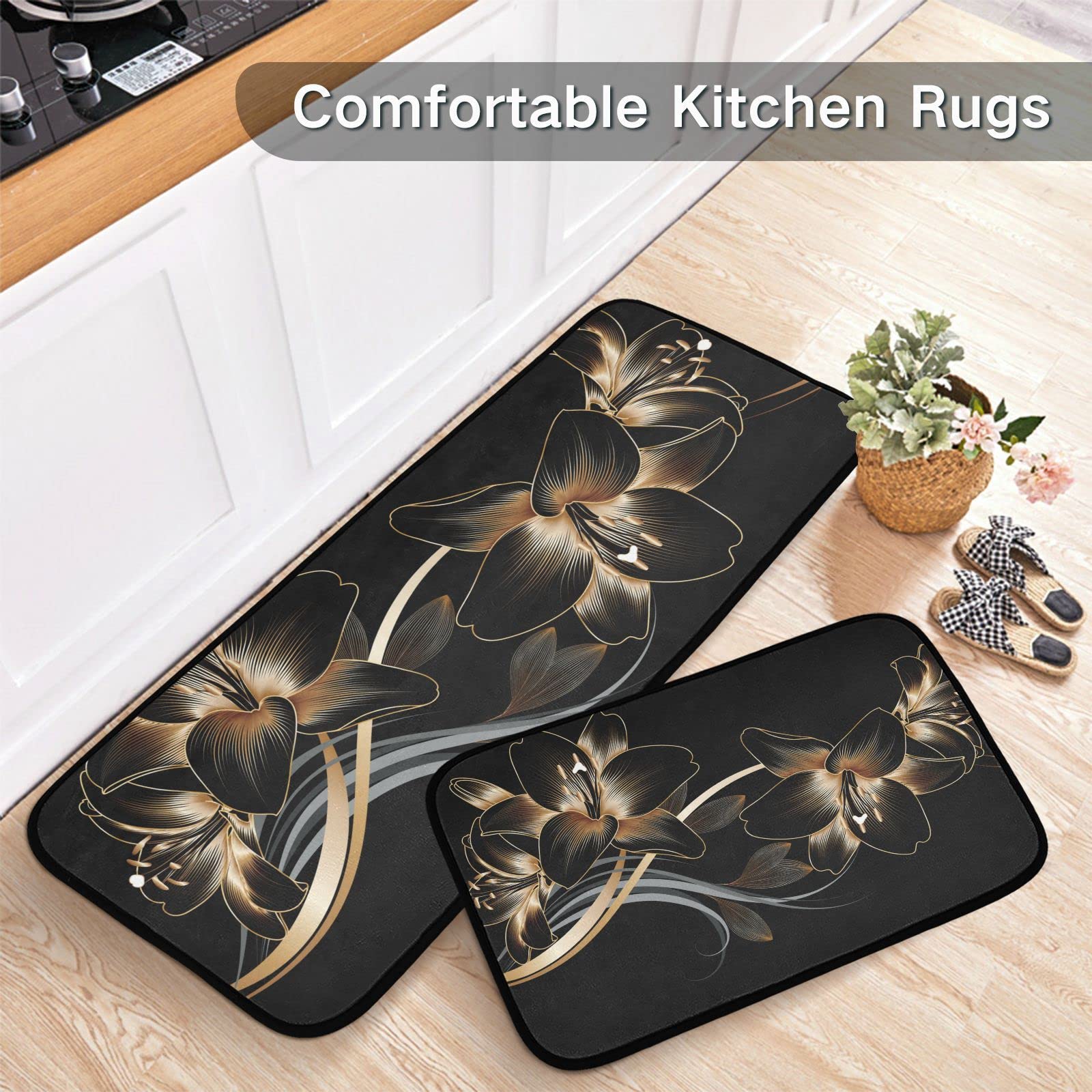 Kigai Kitchen Rugs 2 Piece Waterproof Non Slip Kitchen Mat Black Flower Kitchen Rug Set for Sink Office Kitchen Cafe, 19.7"x47.2"+19.7"x27.6"