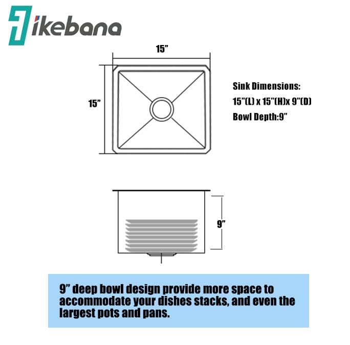 IKEBANA Undermount Bar Sink,15 x 15 Inch 18 Gauge Single Bowl Small Wet Bar Sink, Brushed Nickel Stainless Steel Prep Rv Kitchen Sink with Bottom Grid and Strainer