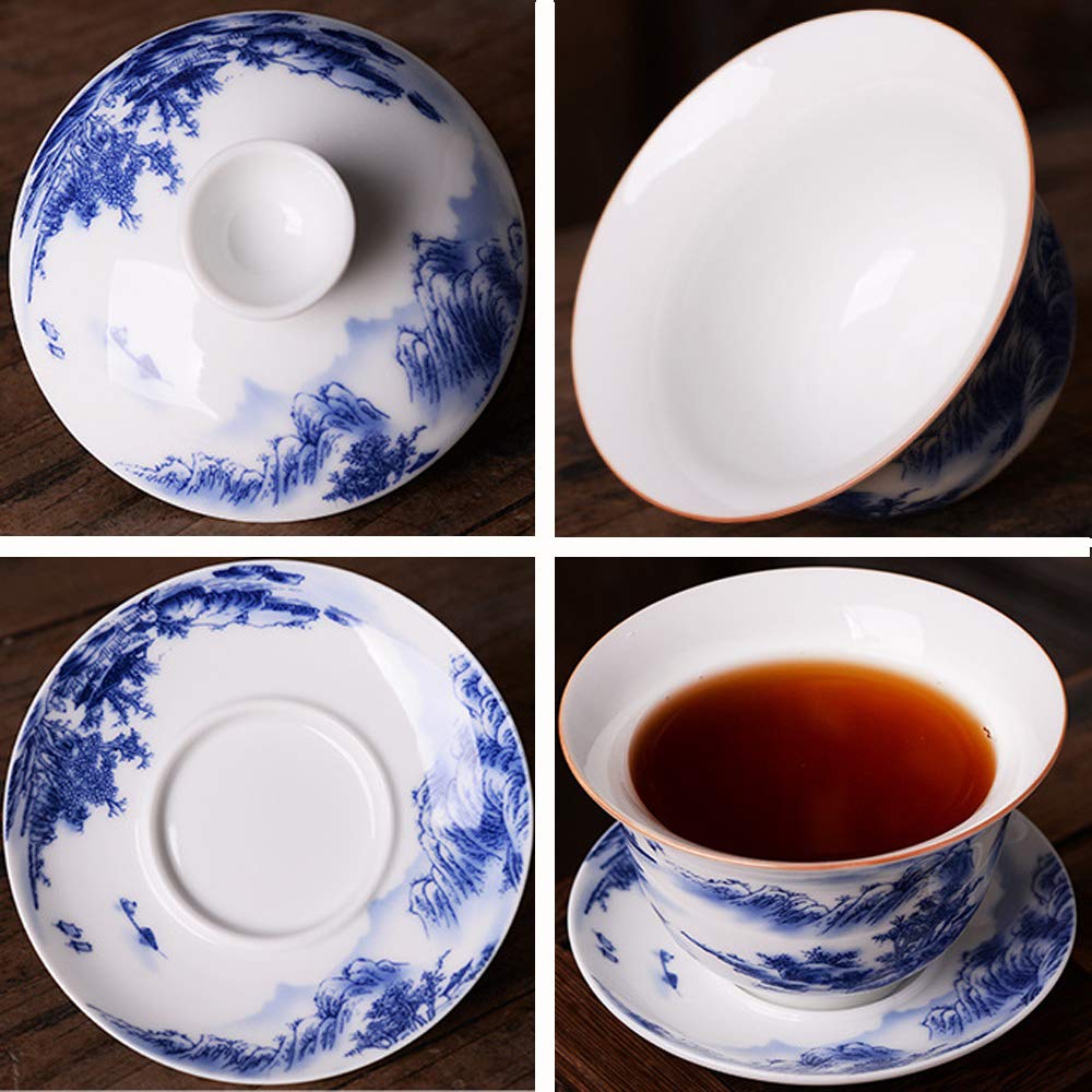 Jingdezhen Chinese Gaiwan Handmade 6.3oz/180ml Mountain Style China Blue and White Porcelain Gaiwan Kungfu Teacup Traditional Chinese Teaware Tea Set
