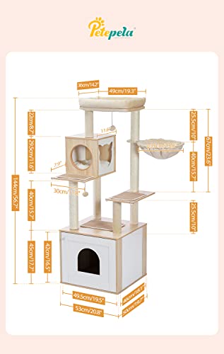 PETEPELA Modern Cat Tree Wood Cat Tower with Storage Cabinet Litter Box Enclosure and Spacious Cat Condo, Large Top Perch and Hammock, Sisal Covered Scratching Posts for Cats Beige