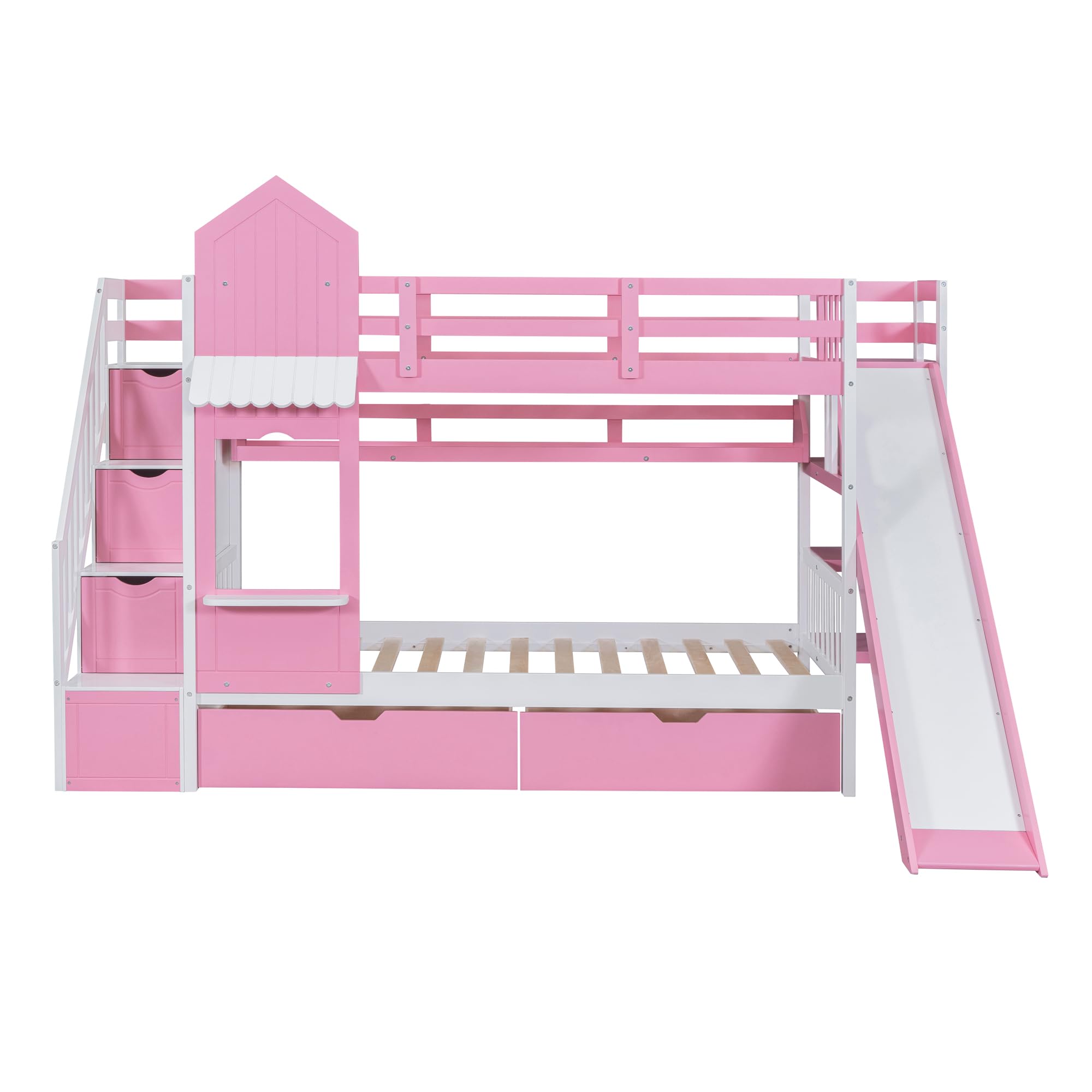 SOFTSEA Twin Over Twin Bunk Bed with Storage and Drawers for Kids Boys Girls Solid Wood Bunk Bed with Slide and Staircase