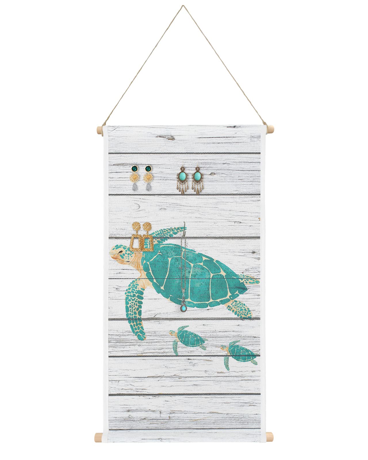 Hanging Earring Jewelry Organizer Ocean Turtle Wood Grain Stub Earring Holder Necklace Earring Display Large Capacity Earring Hanging Organizer for Women Girls 12"x24"