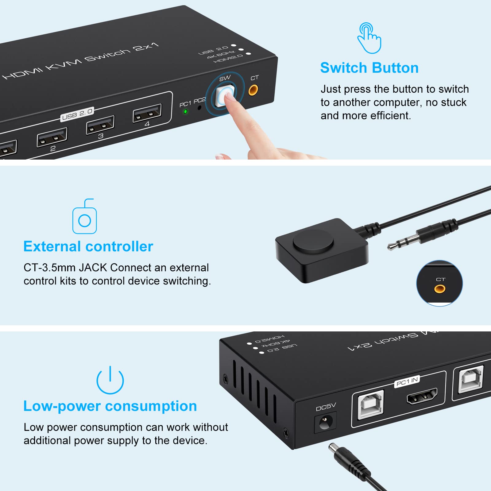 KVM Switch HDMI 2 Port 4K 60Hz 4 Port USB2.0 for 2 Computers 1 Monitor Share Keyboard Mouse Printer Support Wire-Desktop Controller Including 2 USB2.0 Cable