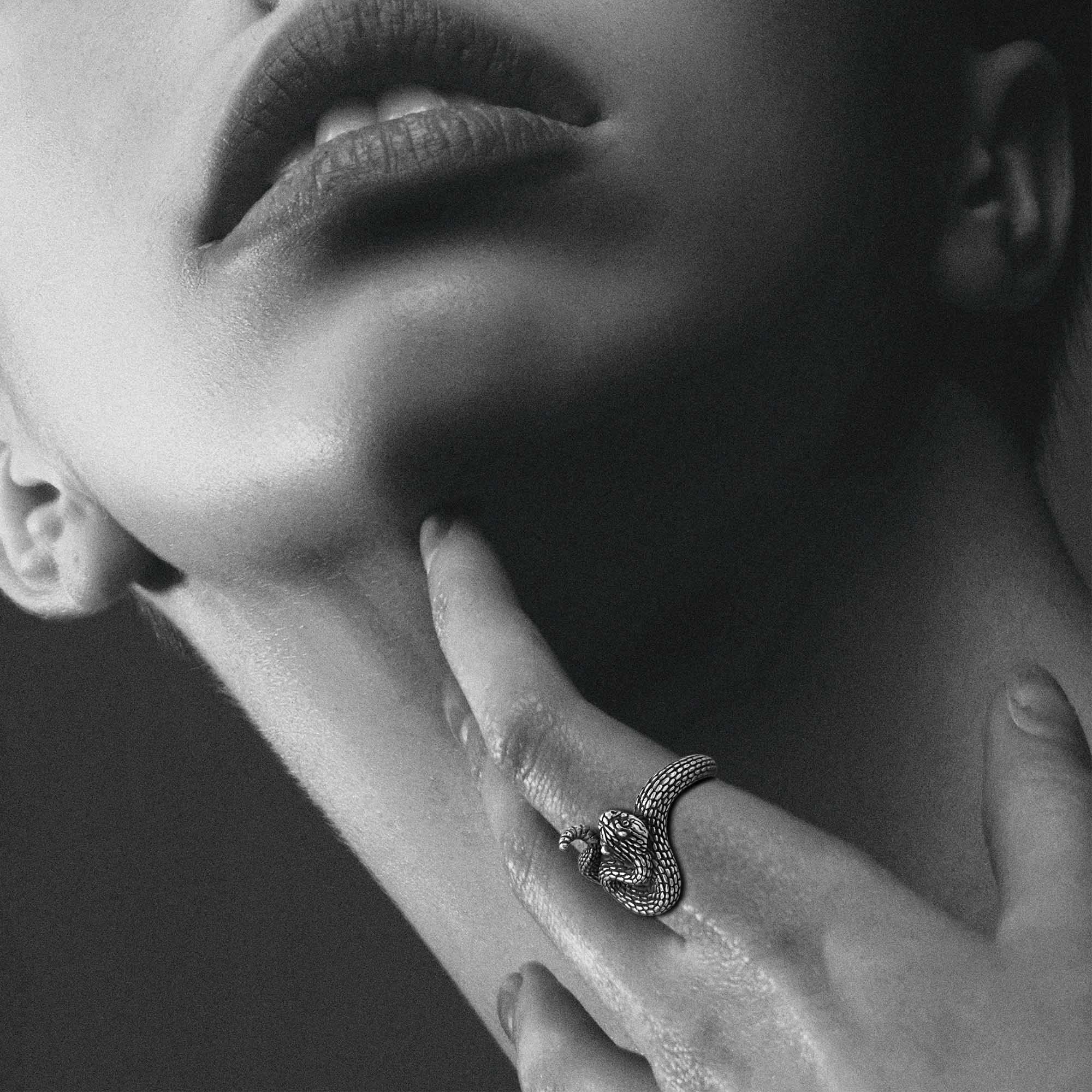 Holgod Snake Ring Adjustable, S925 Sterling Silver Plated Rattlesnake Shaped Jewelry, Handmade Animal Gift for Men Women