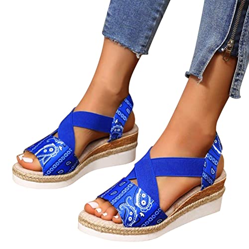 Ladies Fashion Cashew Flower Fabric Elastic Wedge Wedge Platform Fish Clear Heel Sandals for Women Size 11