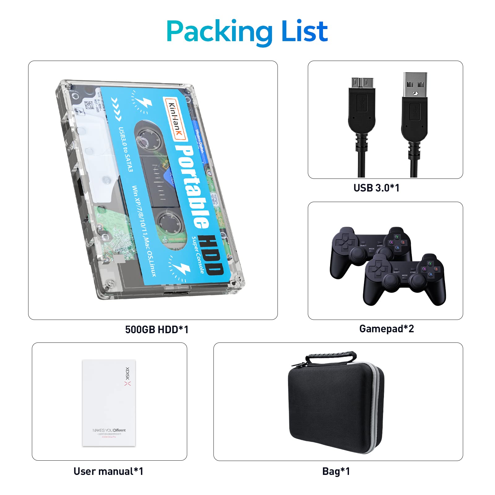 Kinhank 500G Super Console X External HDD Game Console Built-in 110000+Games USB3.0 Batocera 33 Game System for PS3/PS2/PSP/PC/Windows/SEGA SETURN/Mac OS/DC for Laptop(with Gamepads)