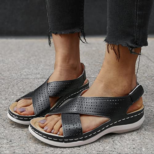 Ladies Fashion Summer Boho Wedge Heel Sponge Hook&Loop Sandals Wide Wedge Sandals for Women Wide Width