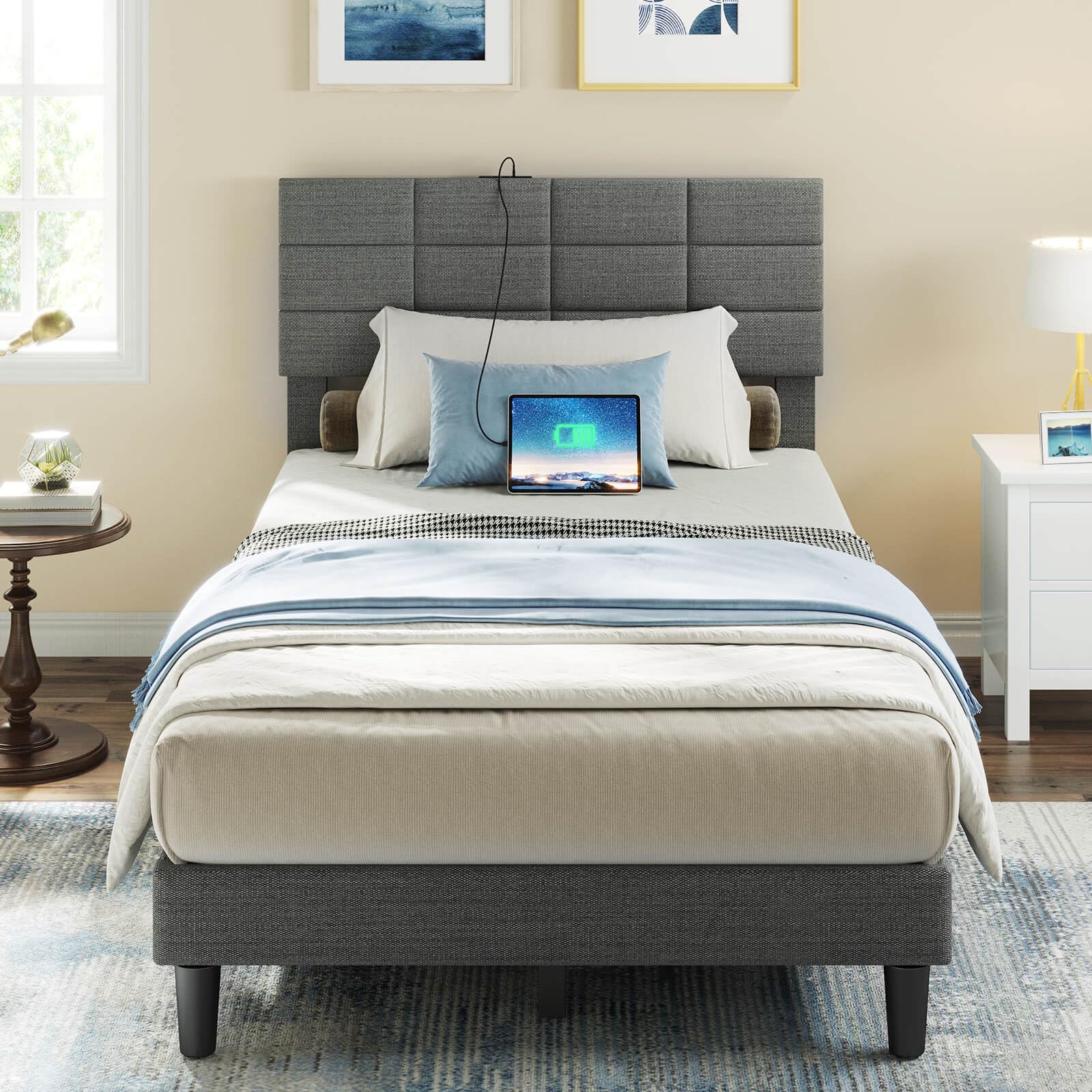 Seventable Twin Size Bed Frame with Charging Station, Upholstered Bed with Heavy Duty Wood Slats, Noise Free, Easy Assembly, No Box Spring Needed, Dark Grey