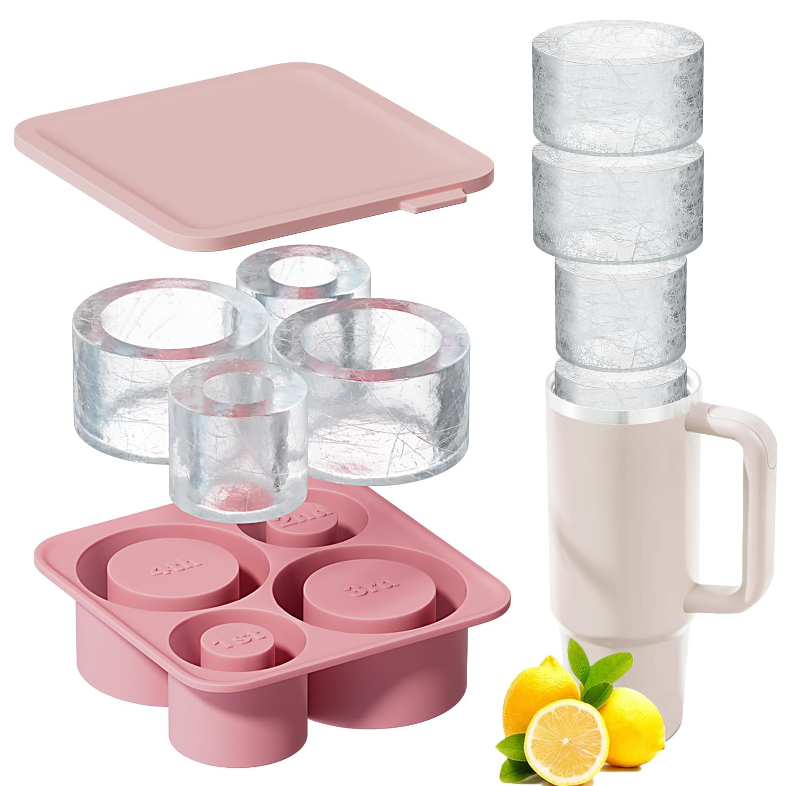 Ice Cube Tray for Stanley Cup,Reusable Ice Cube Trays with Lid for 20oz 30oz 40oz Tumbler,4 Hollow Silicone Cylinder Ice Mold for Ice Drink, Juice, Whiskey, Cocktail