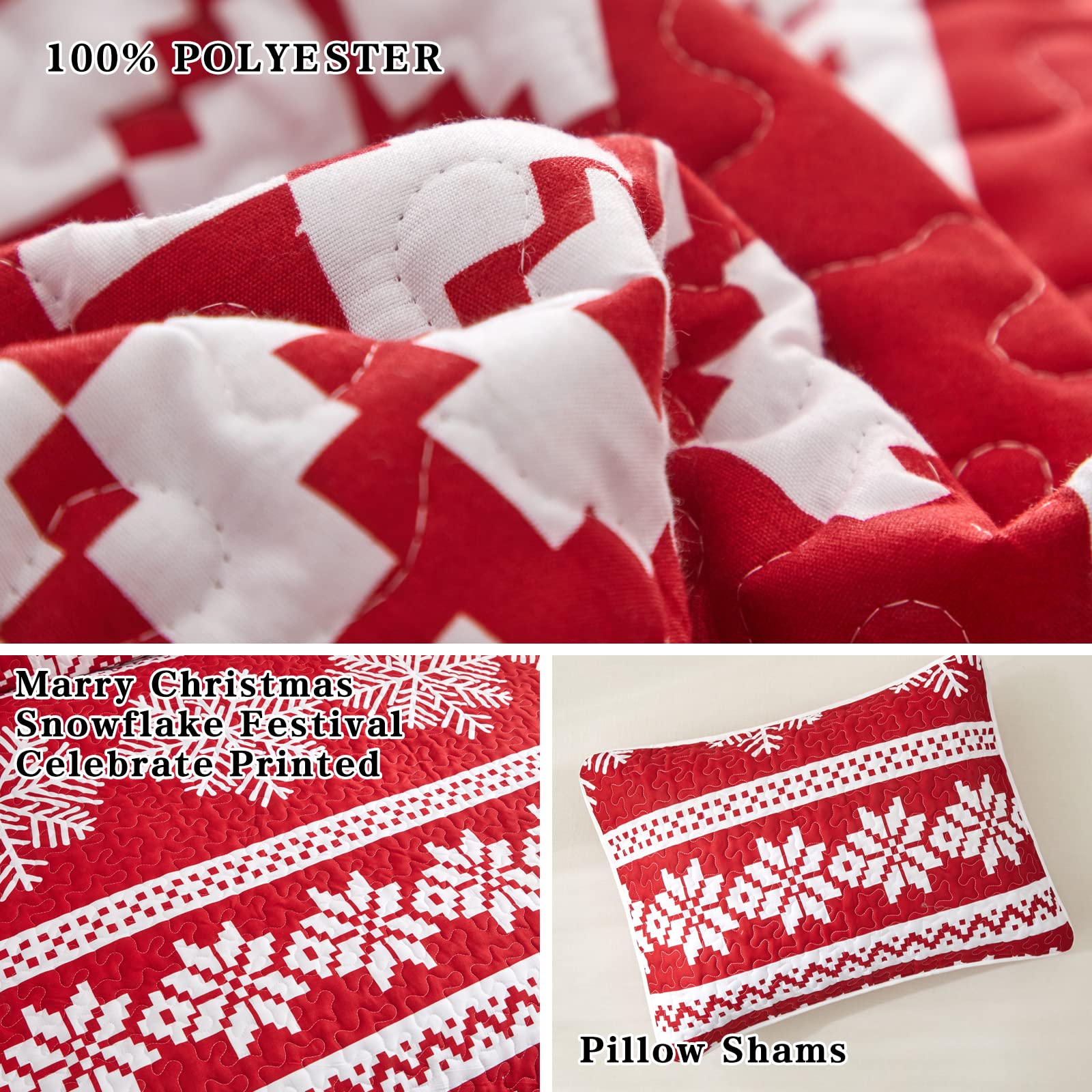 Flysheep Christmas Quilt Set Queen, Soft Microfiber Holiday Lightweight Bedspread Coverlet Bedding Set - Red & White Snowflake Printed