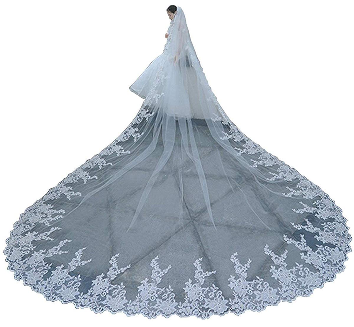 FAIOKAVER Wedding Veils Long Cathedral with Comb Full Floral Lace Egde 1 Tier
