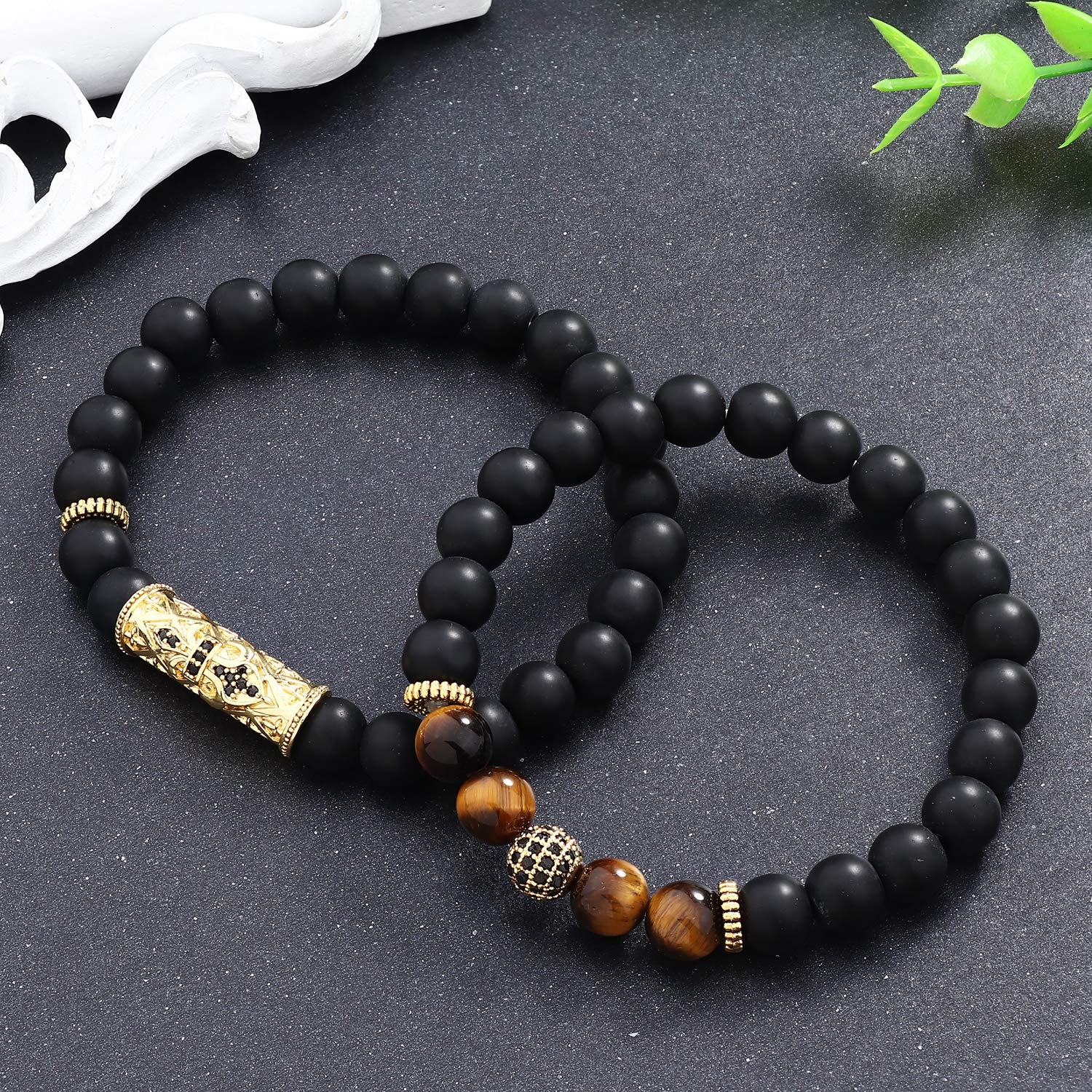 FINREZIO 4PcsBlack Matte Beads Bracelets 8mm Onyx Stone Bracelets Sets Charm King Crown for Women Men Jewelry