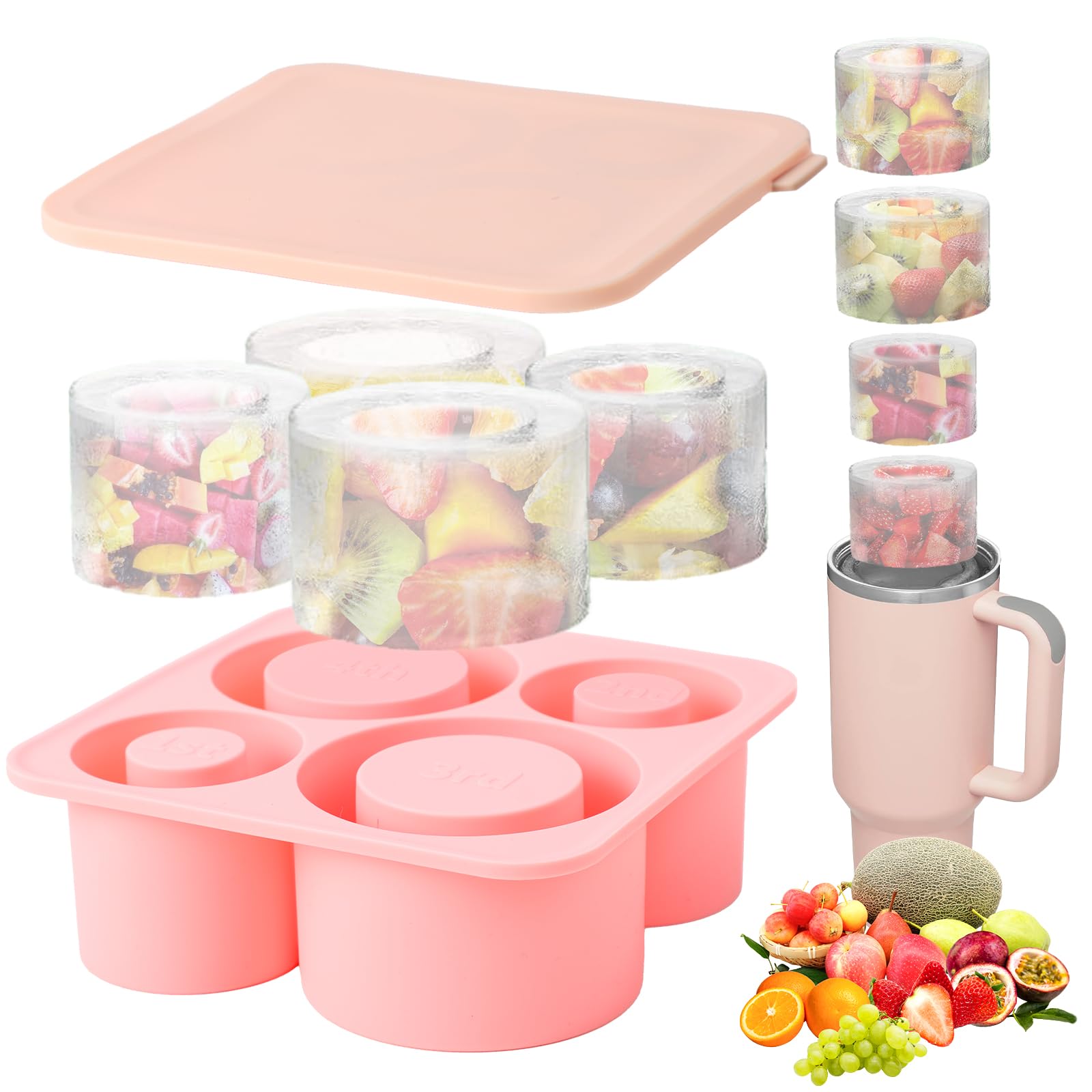 Ice Cube Tray for Stanley Cup Ice Mold 20oz 30oz 40oz Tumbler 4-Cavity Silicone Cup Ice Cube Mold Trays with Lid and Bin for Chilling Whiskey, Drinks, Coffee Easy Fill and Release Ice Maker (pink)