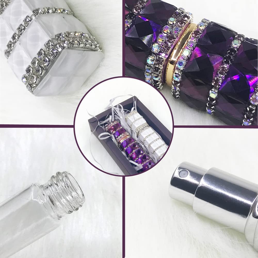 KEBOOT Rhinestone Empty Portable Spray Bottle, Mini Perfume Refillable Bottle Travel, Shiny Crystal Spray Essential Oil Bottle for Outgoing 12 ml (White and Purple)
