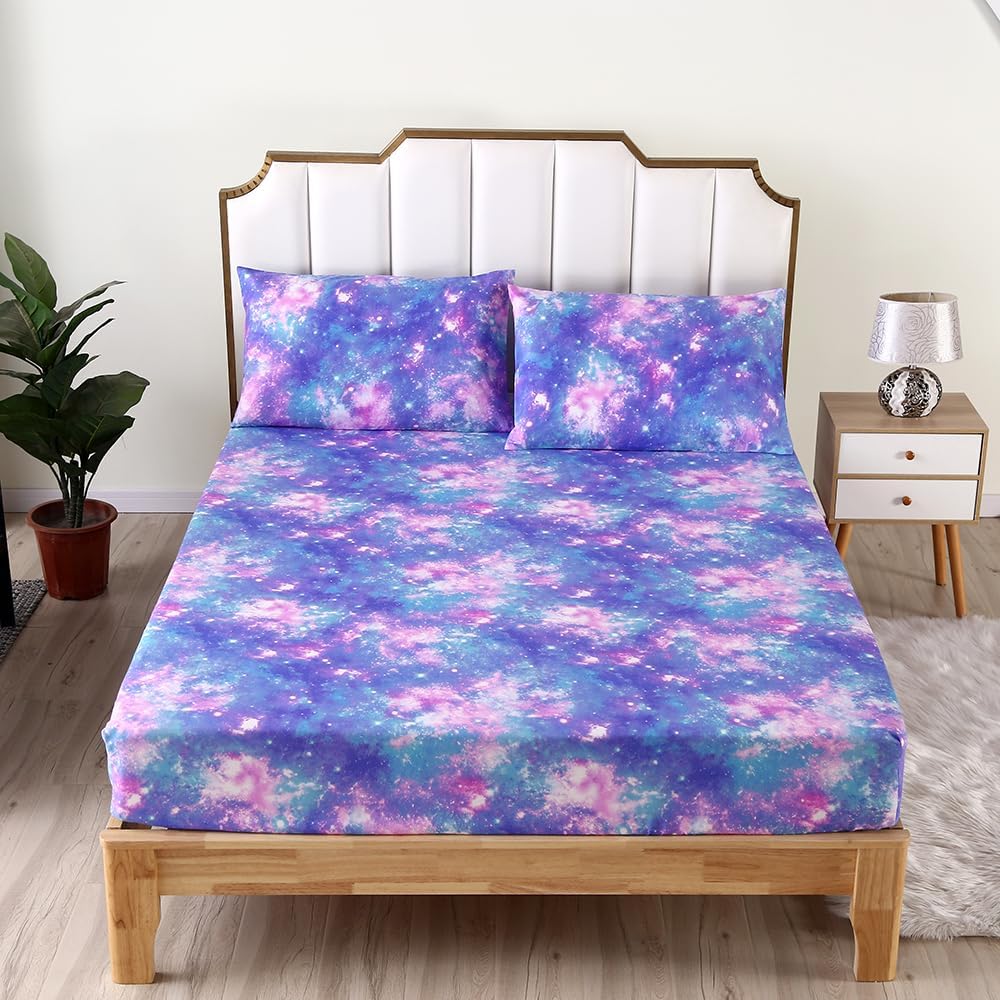 SDIII 3PCS Colorful Space Fitted Sheet Set Twin, 1 Fitted Sheet and 2 Pillowcases, Bed in a Bag Galaxy Fitted Twin Sheet, Aesthetic Twin Bed Sheet Set for Kids Boys and Girls