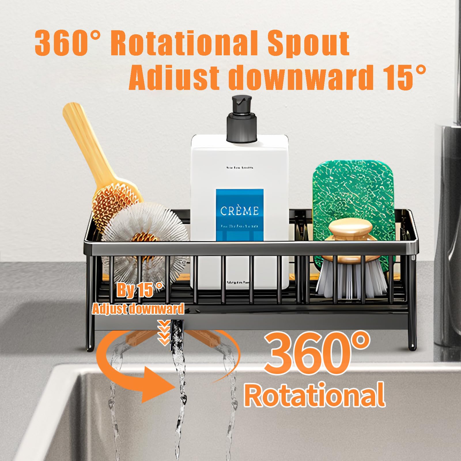 Hovadova Kitchen Sink Caddy Sponge Holder for Kitchen Sink Counter, Rustproof 304 Stainless Steel Dish Sponge Organizer with Removable Divider, Soap Brush Holder Kitchen Sink Accessories, Black